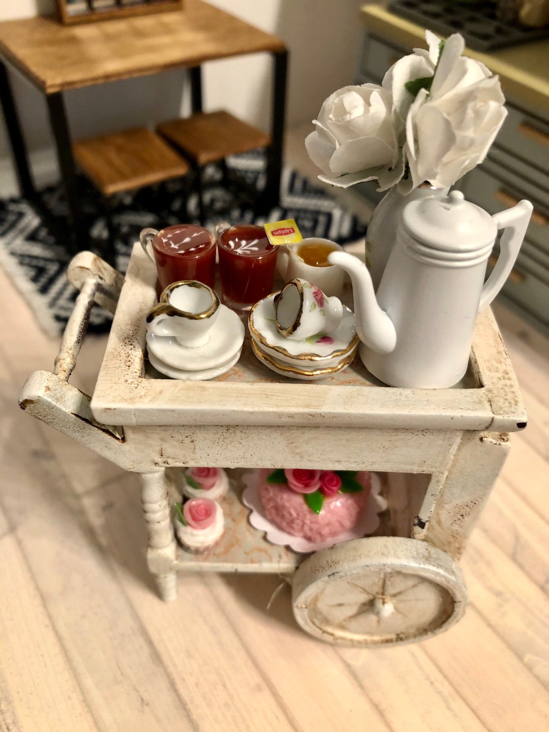 Unique 1/12 Miniature Wood Tea Cart - Tea/coffee Time - Full With ...