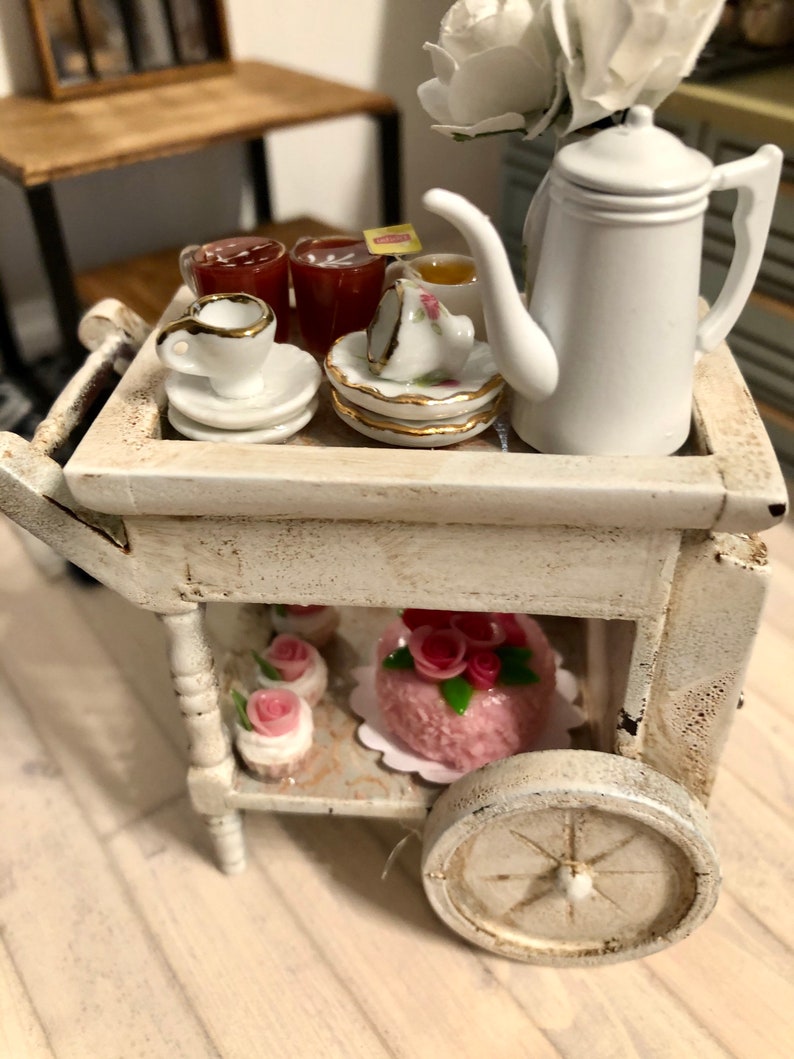 Unique 1/12 Miniature Wood Tea Cart - Tea/coffee Time - Full With ...