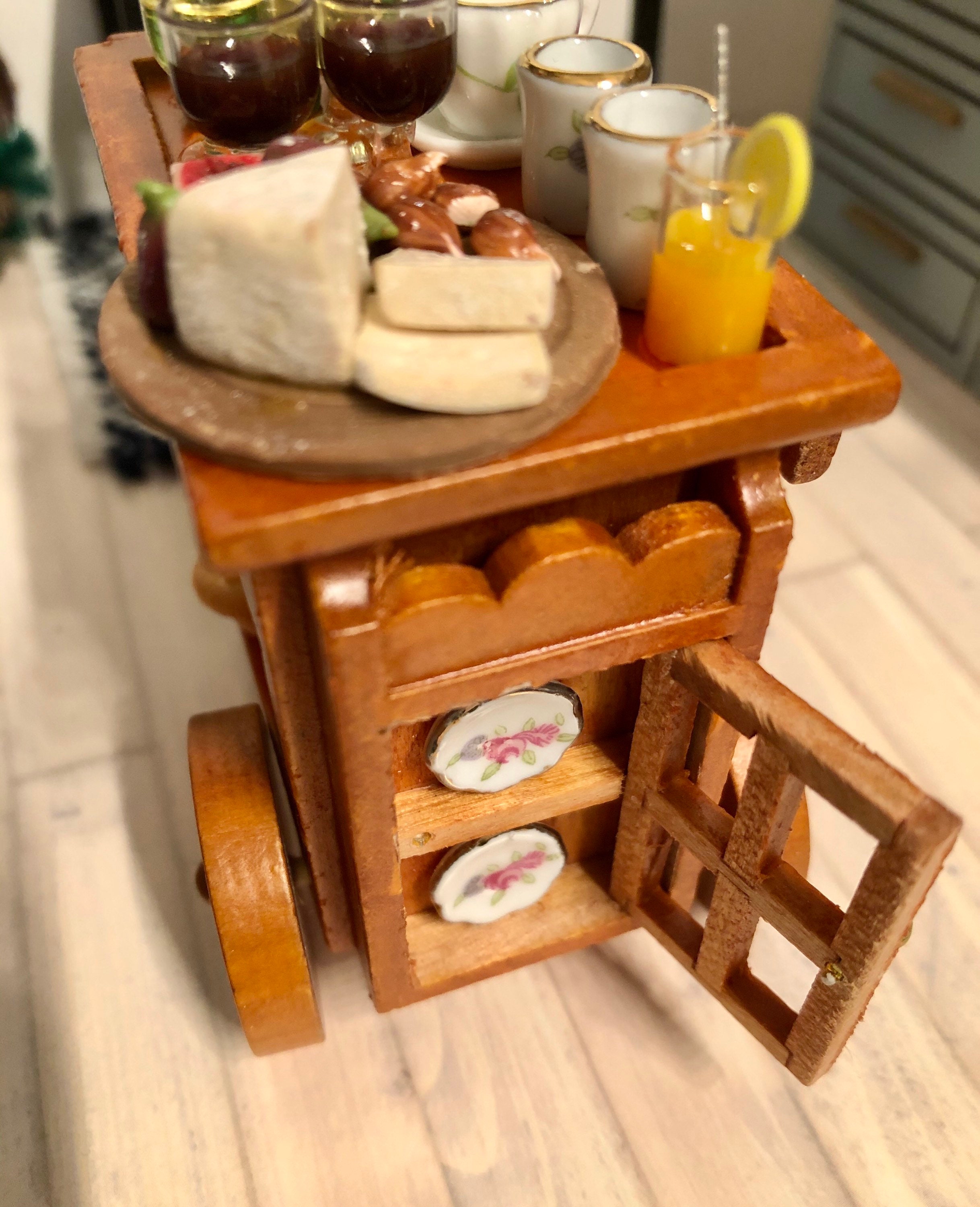 Unique 1/12 Miniature Wood Tea Cart - Tea/coffee Time - Full With ...