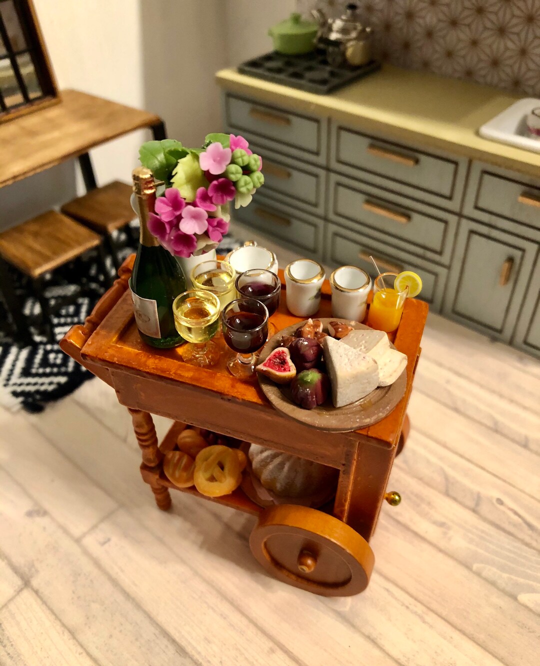 Unique 1/12 Miniature Wood Tea Cart - Tea/coffee Time - Full With ...