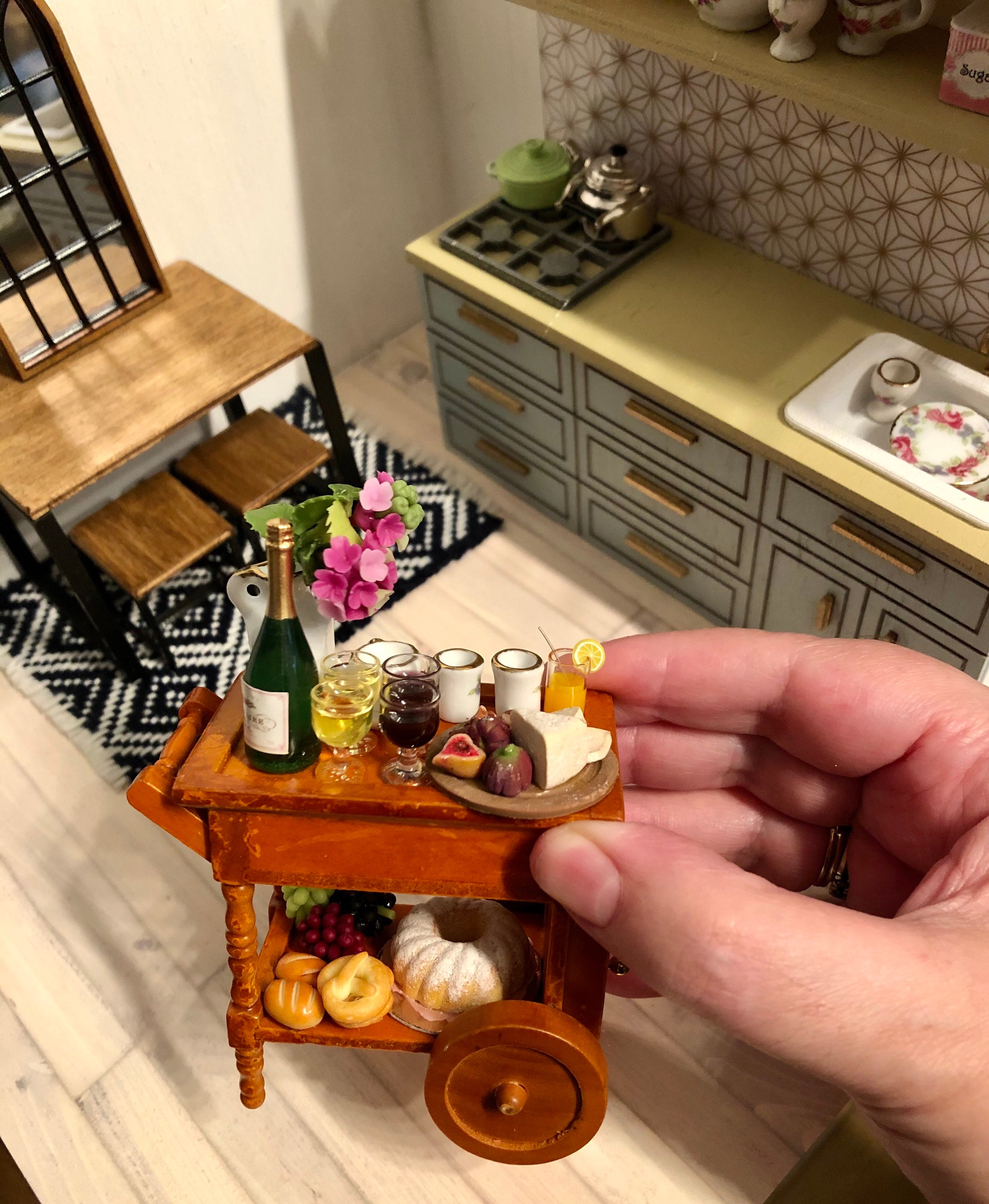 Unique 1/12 Miniature Wood Tea Cart - Tea/coffee Time - Full With ...