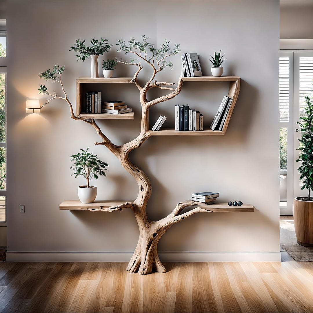 Tree Branch Bookshelf, Wall-mounted Decorative Bookshelf, Solid Wood ...