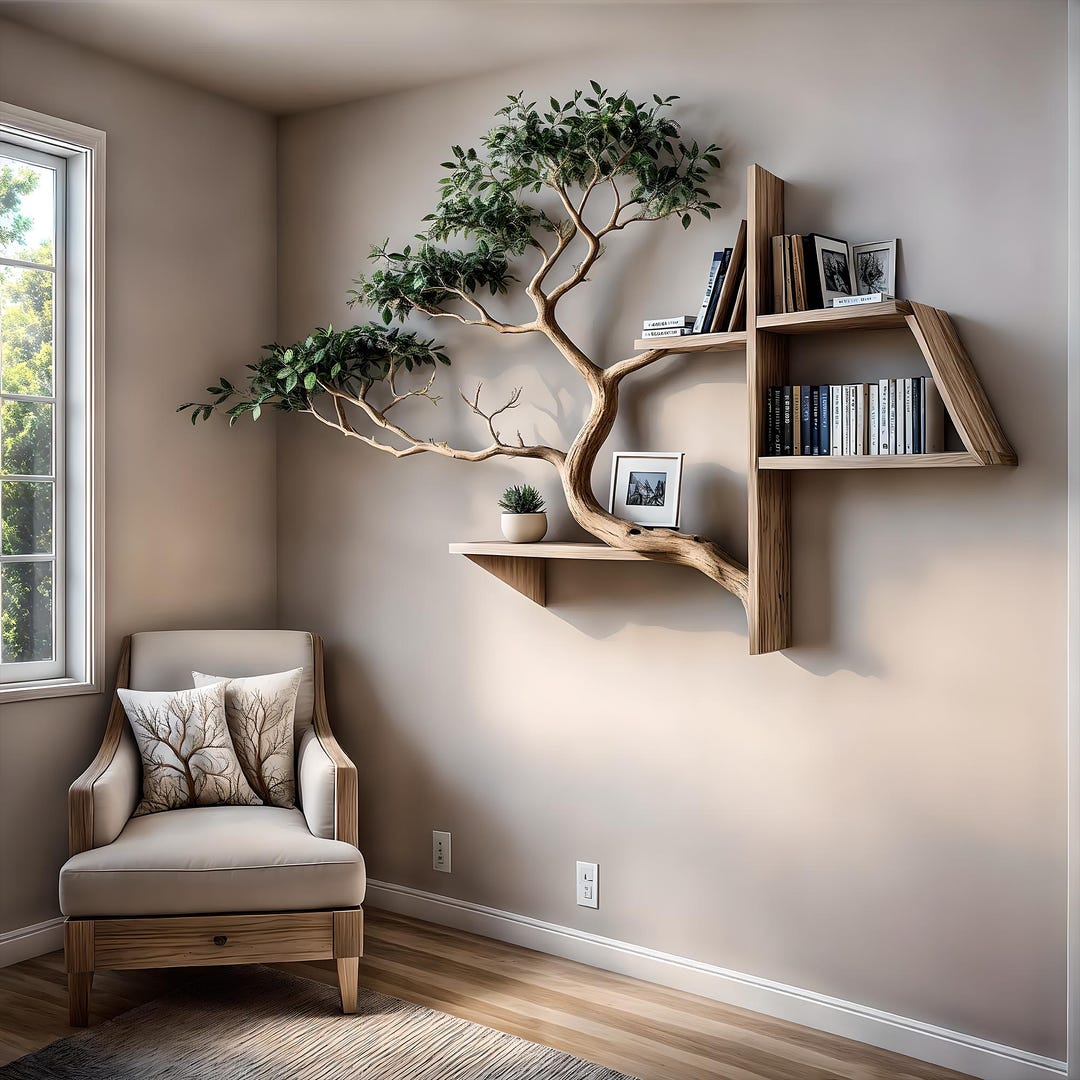Wall-mounted Tree Branch Bookshelf Solid Wooden Bookshelf on the Wall ...
