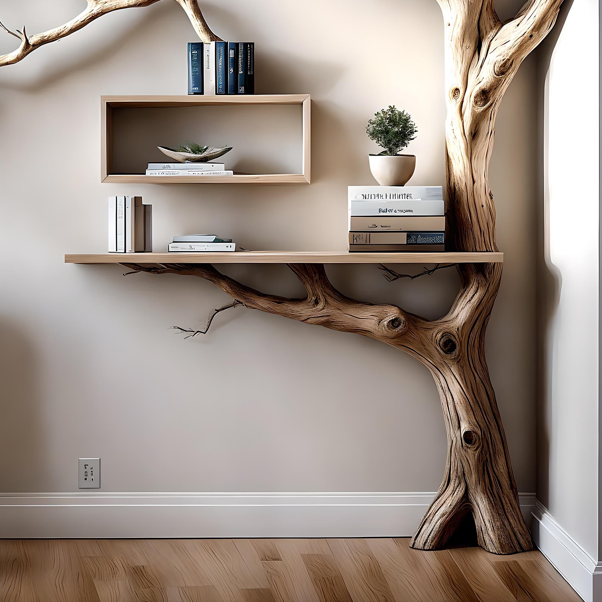 Tree Branch Standing Solid Wood Corner Shelf Decorative Bookcase Home ...