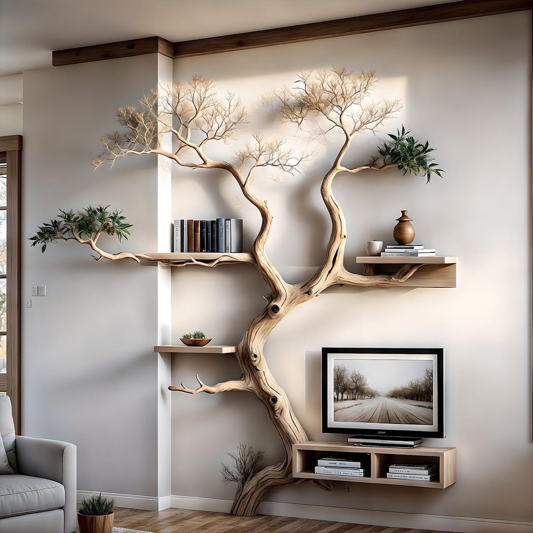 Floating Tree Branch Bookshelf Solid Wood Shelf Floating Bookcase Wall ...