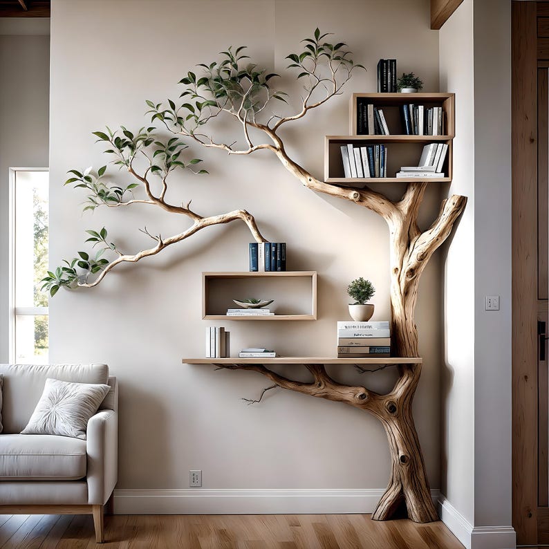 Tree Branch Standing Solid Wood Corner Shelf Decorative Bookcase Home ...