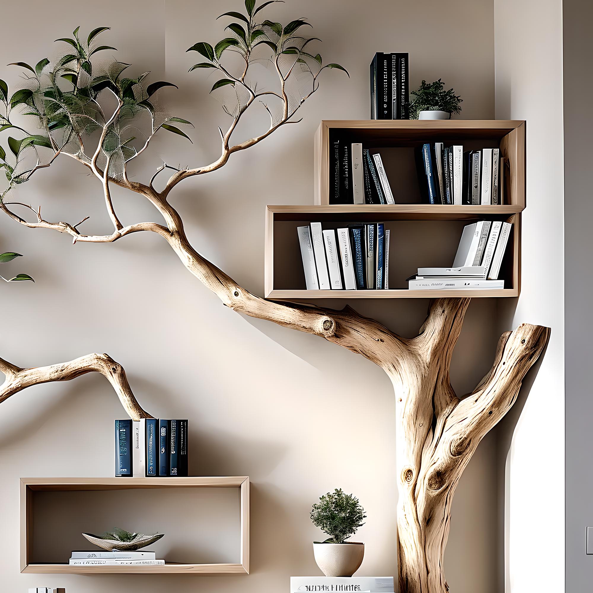 Tree Branch Standing Solid Wood Corner Shelf Decorative Bookcase Home ...