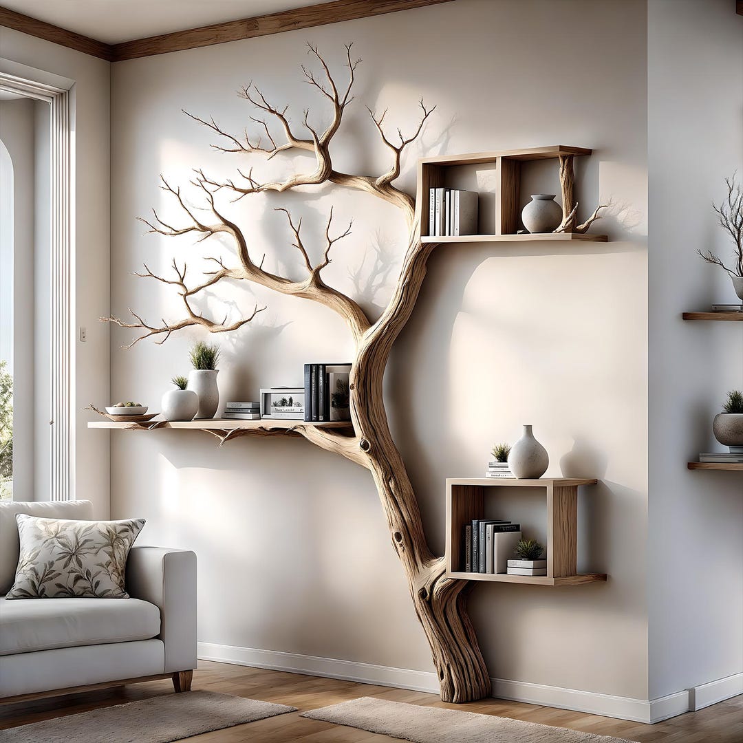 Tree Branch Bookshelf Living Branch Edge Wood Shelf Solid Wood Wall ...