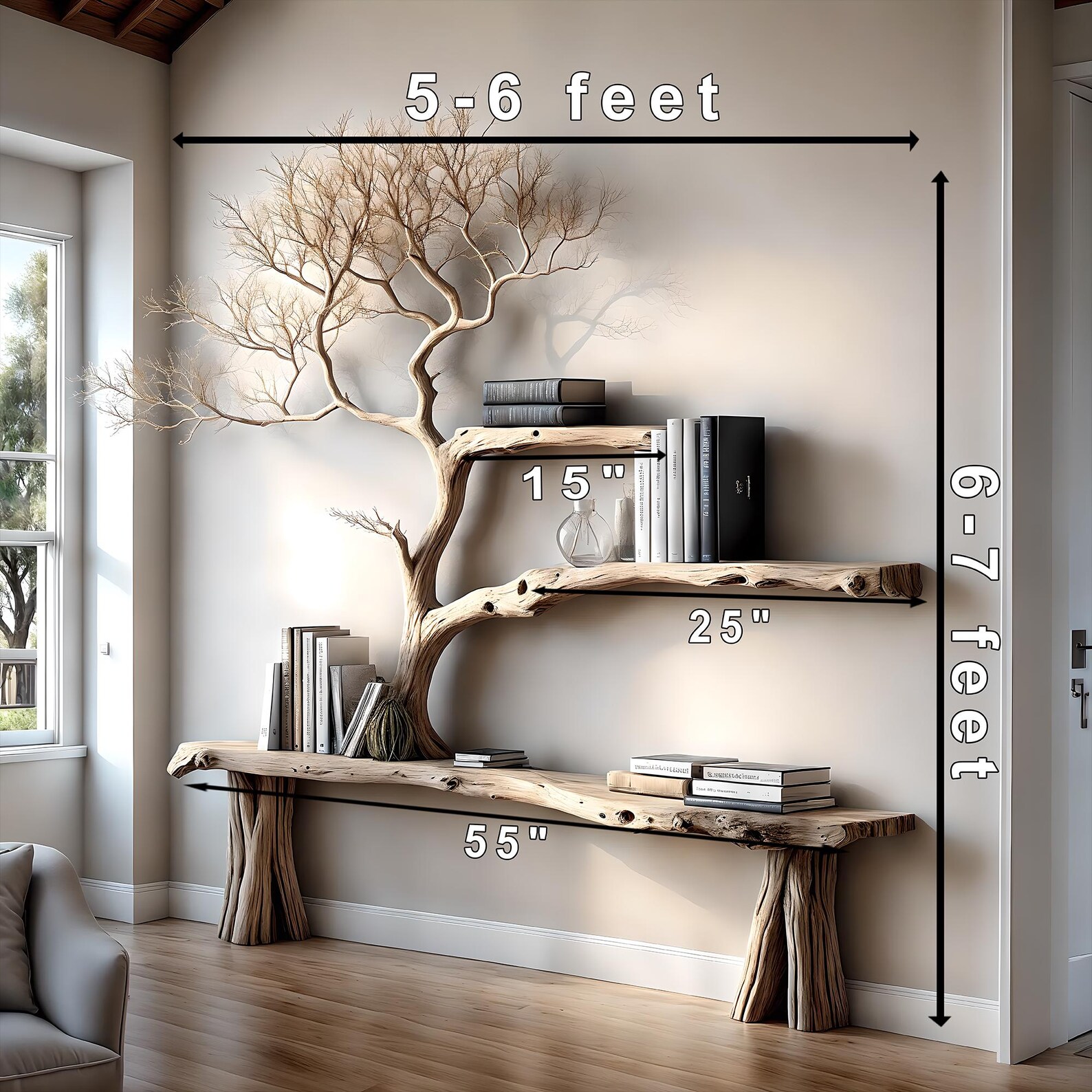 Tree Bookshelf Floating Branch Shelf Solid Wood Bookcase Wall Mounted ...