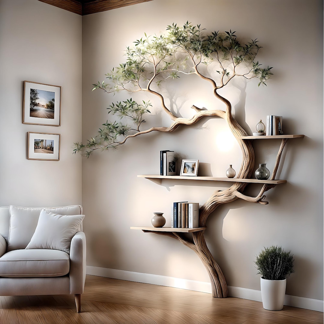 Tree Branch Bookshelf Solid Wood Bookcase Wall-mounted Wooden Bookshelf ...