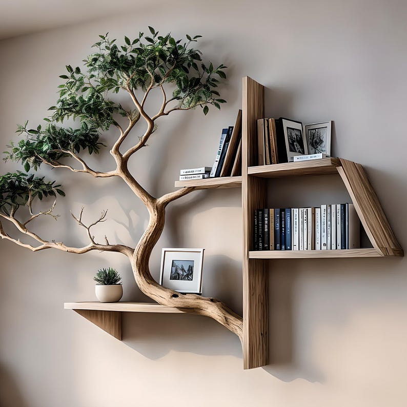 Wall-mounted Tree Branch Bookshelf Solid Wooden Bookshelf on the Wall ...
