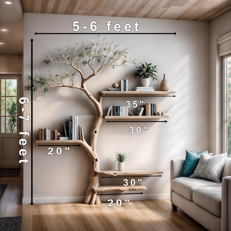 Tree-shaped Bookshelf Solid Wood Bookcase Wall-mounted Wooden Bookshelf ...