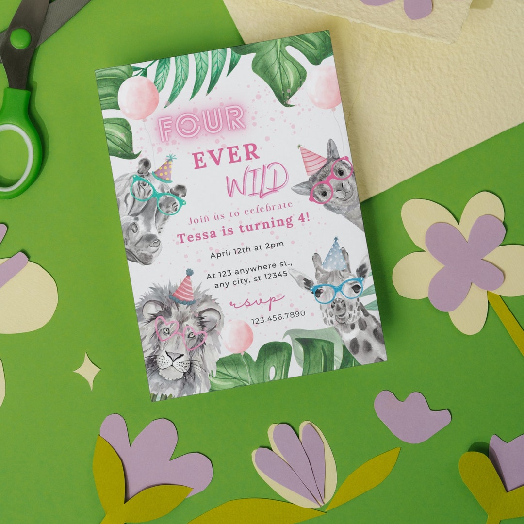 Editable Four Ever Wild Birthday Invitation Girl Pink Gold Safari Party ...
