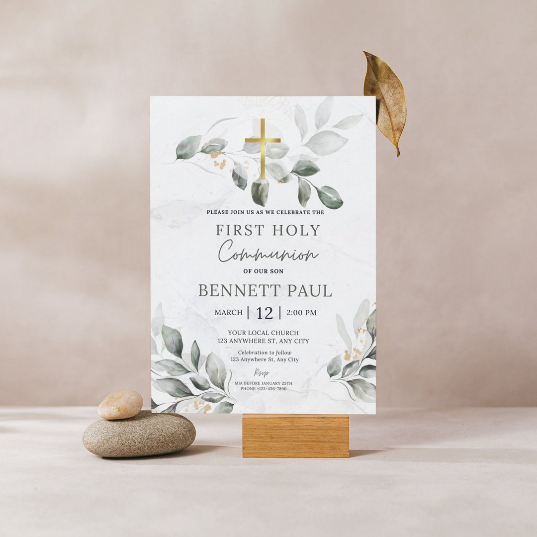 Greenery First Holy Communion Invitation Template, Green Communion ...