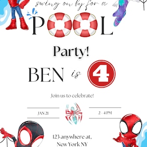Spidey and Friends Pool Party Invitation, Personalized Invite ...