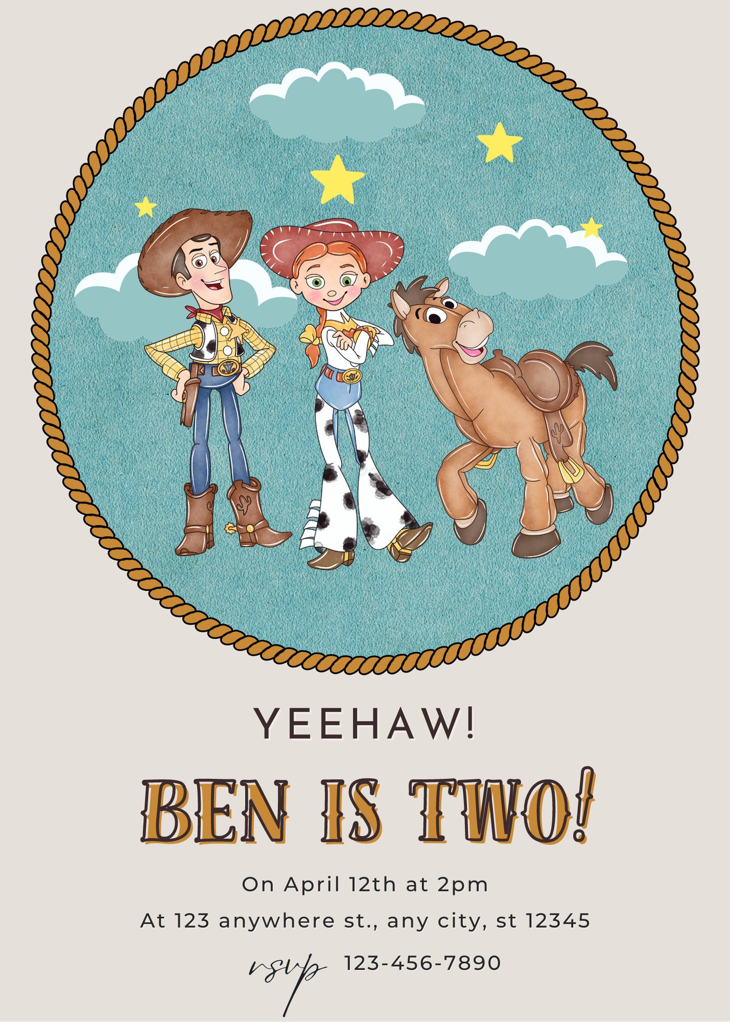 Blue, Rope, Toy Story Birthday Invitation Woody, Jessie Bullseye - Easy ...