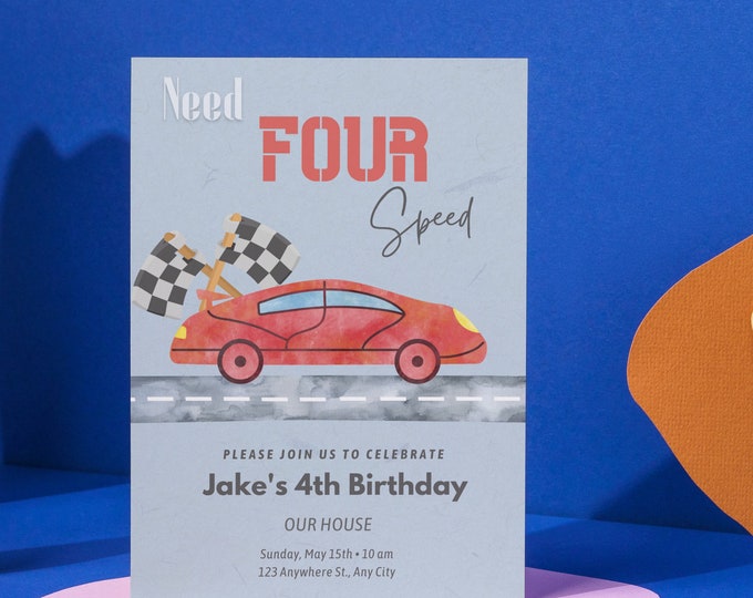 Editable Need Four Speed Blue Race Car Birthday Invitation, 4th ...