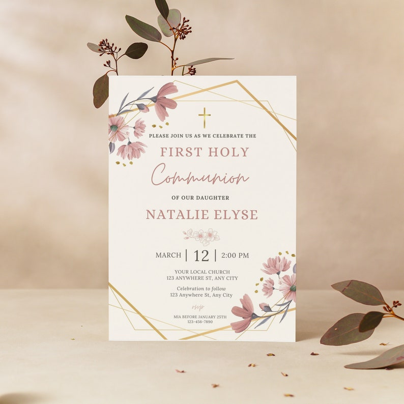 Pink First Holy Communion Invitation Template, Pink Floral Communion ...