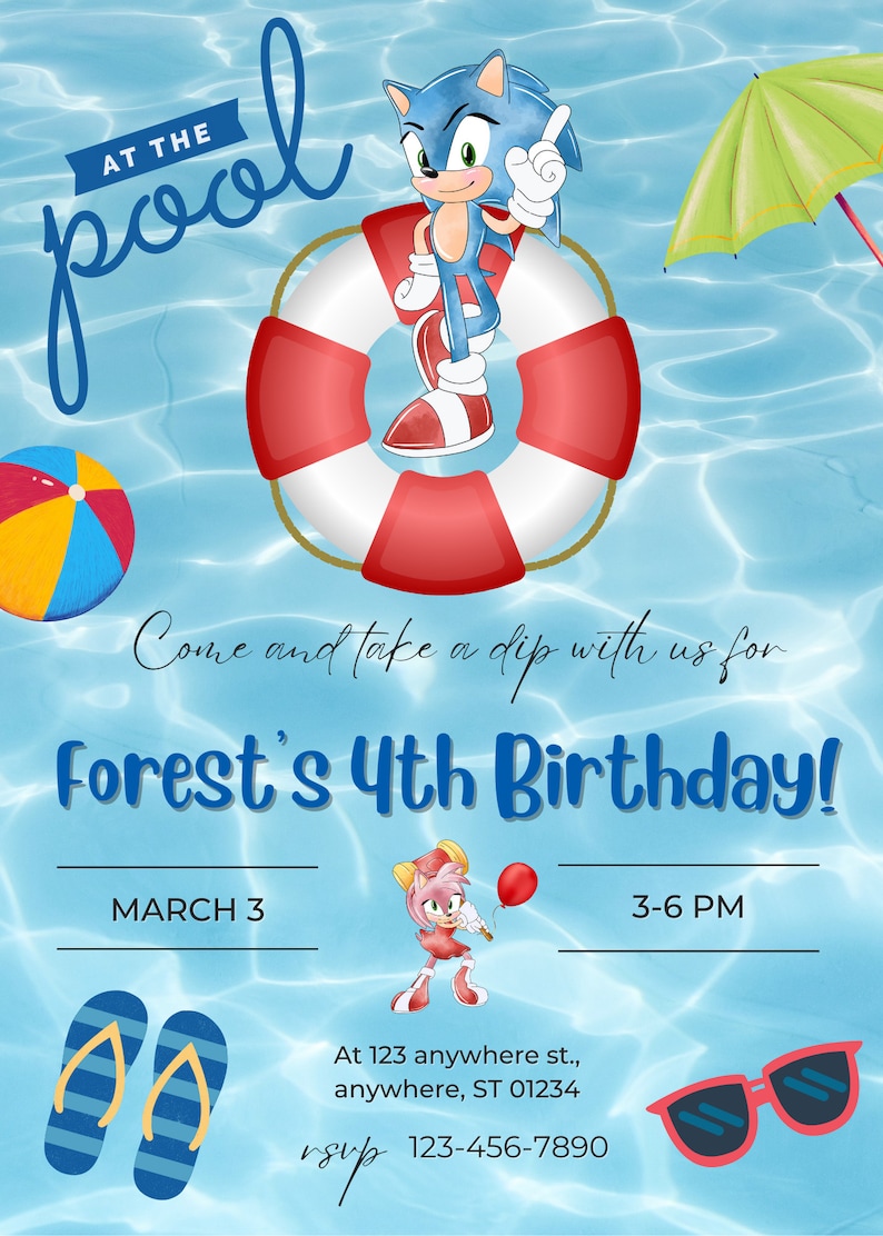 Sonic the Hedgehog POOL Birthday Digital Invitation Super - Etsy