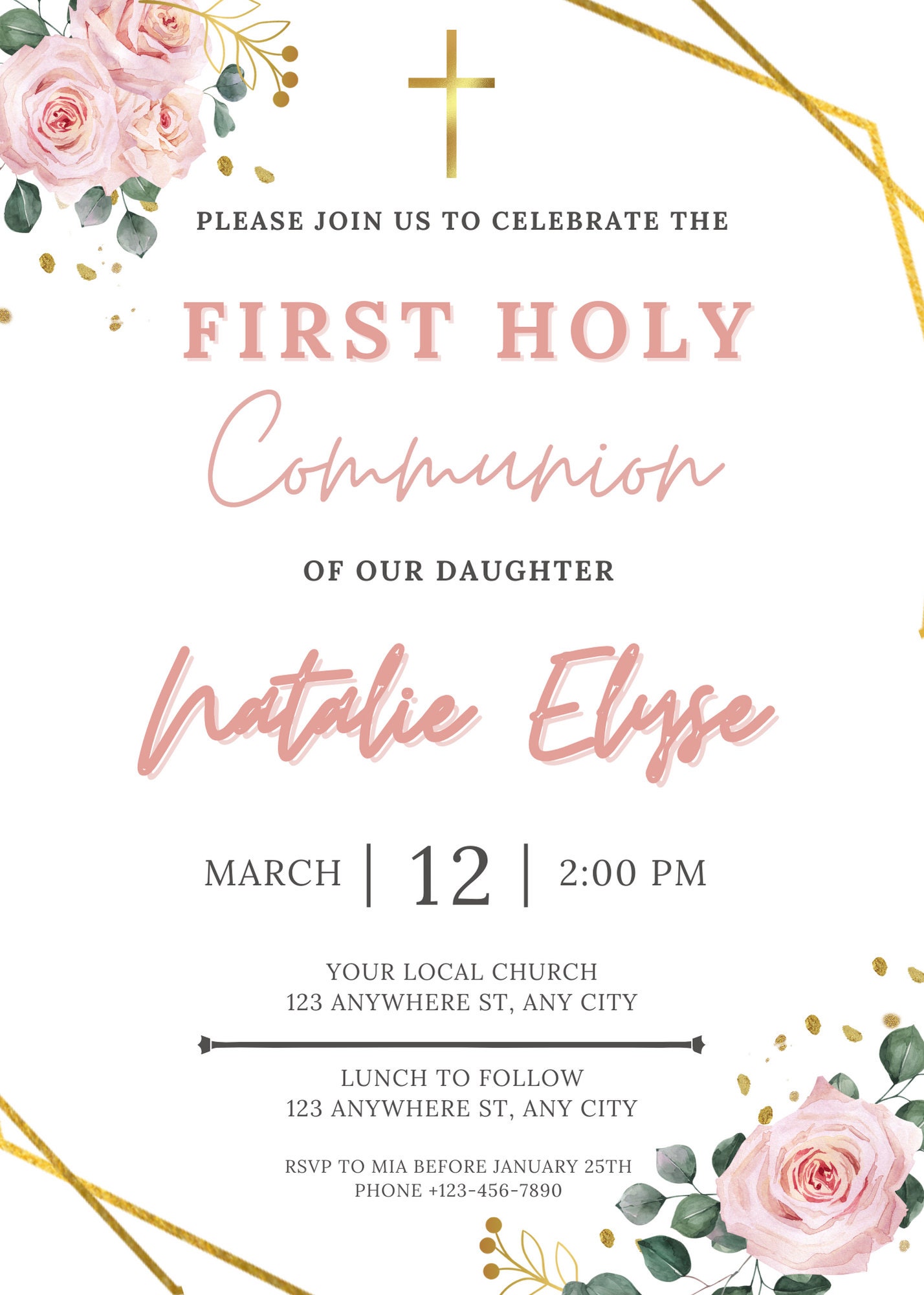 Pink First Holy Communion Invitation Template, Pink Watercolor ...