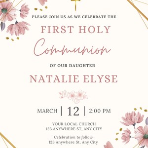 Pink First Holy Communion Invitation Template, Pink Floral Communion ...