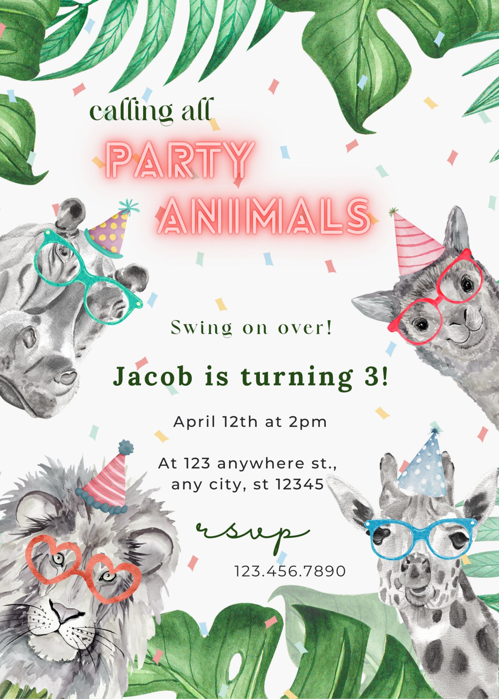 Editable Party Animals Birthday Invitation Wild One Animals Invitation ...