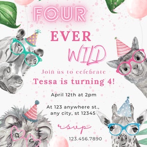 Editable Four Ever Wild Birthday Invitation Girl Pink Gold Safari Party ...