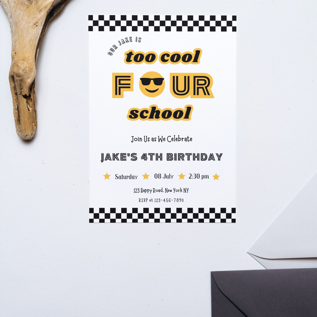 Too Cool FOUR School, 4th Birthday, Summer Birthday Invitation Template ...