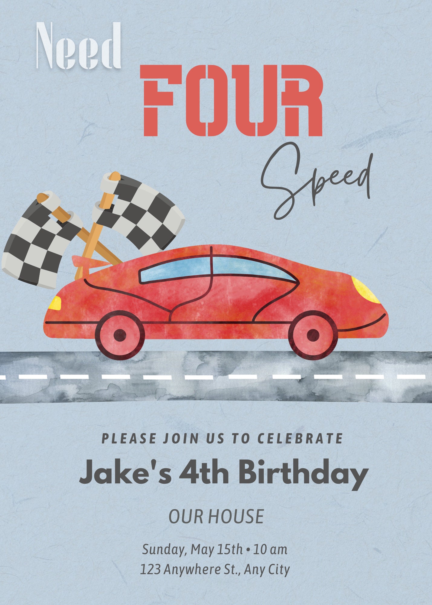 Editable Need Four Speed Blue Race Car Birthday Invitation - Etsy
