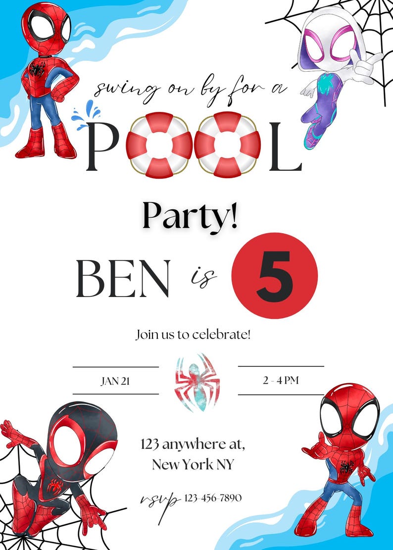 Spidey and Friends Pool Party Invitation, Personalized Invite ...