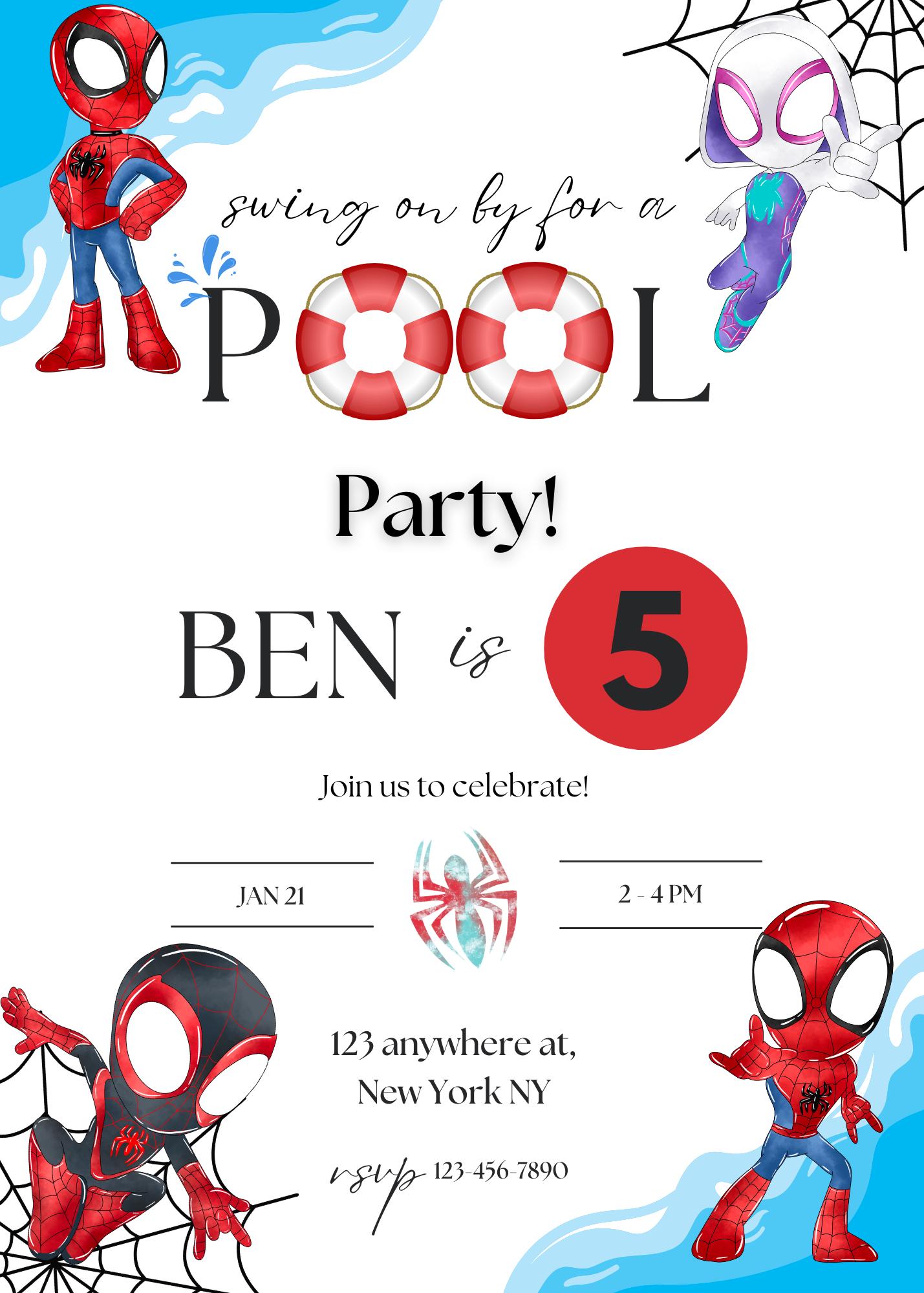 Spidey and Friends Pool Party Invitation, Personalized Invite ...