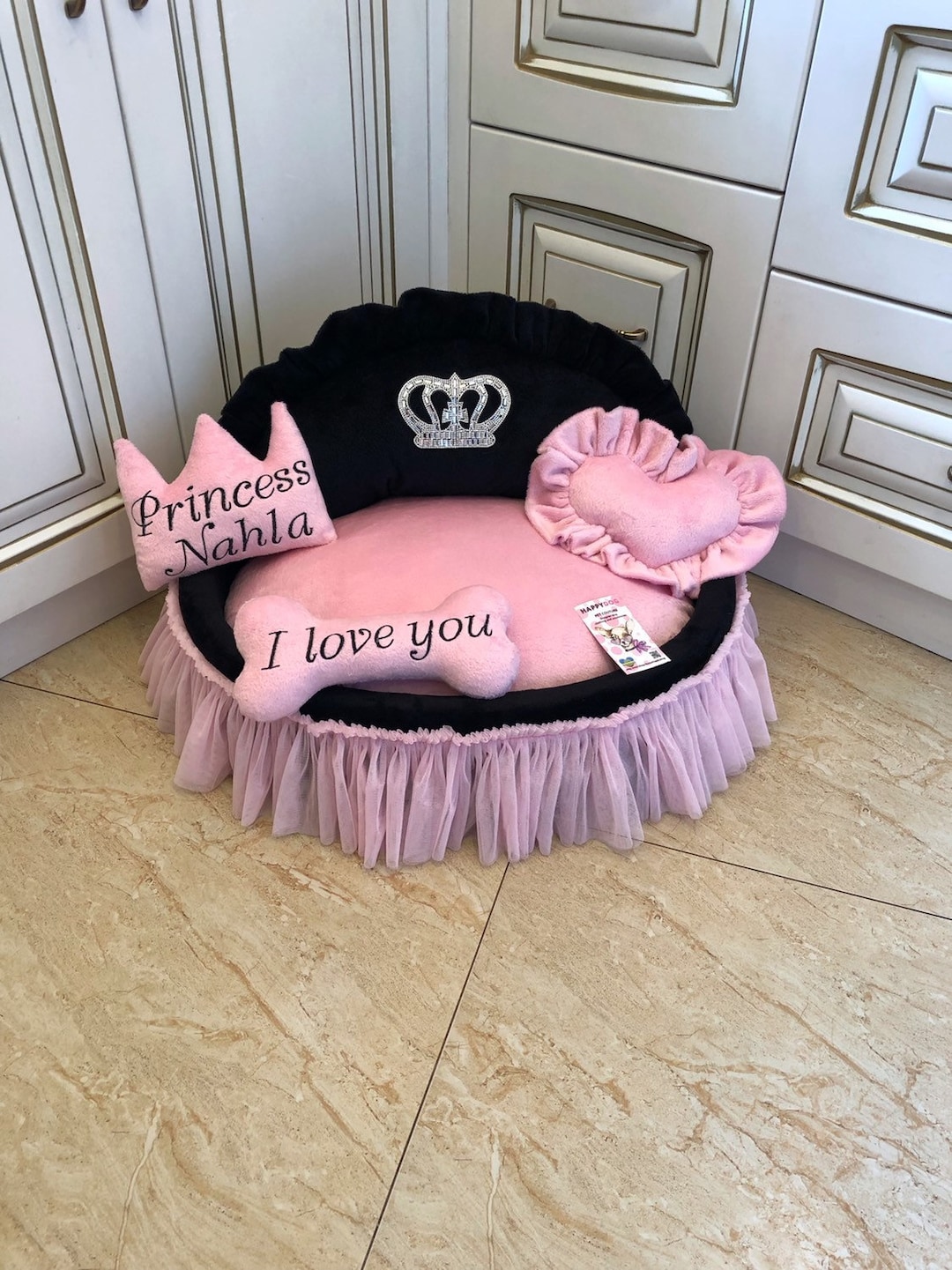 Black and Light Pink Princess Dog Bed With Crown Sparkles and Tulle ...