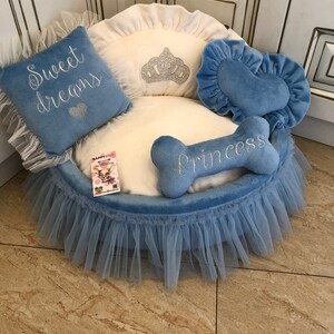 Cream and Blue Princess Bed With Crown Sparkles Designer Pet Bed Cat ...