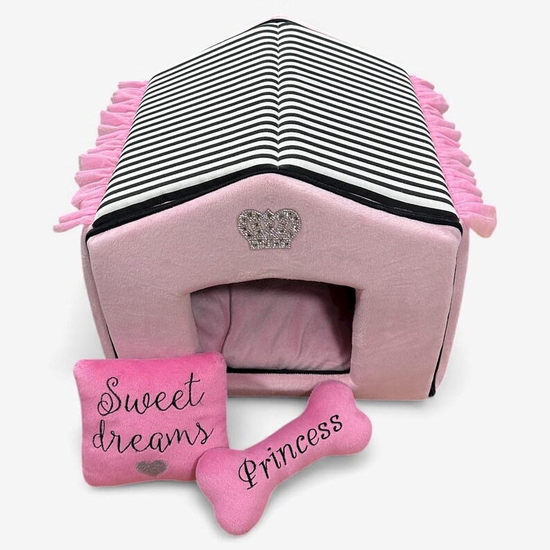 Luxury Pink Princess Dog House: Foldable Puppy Tent With Striped Roof ...