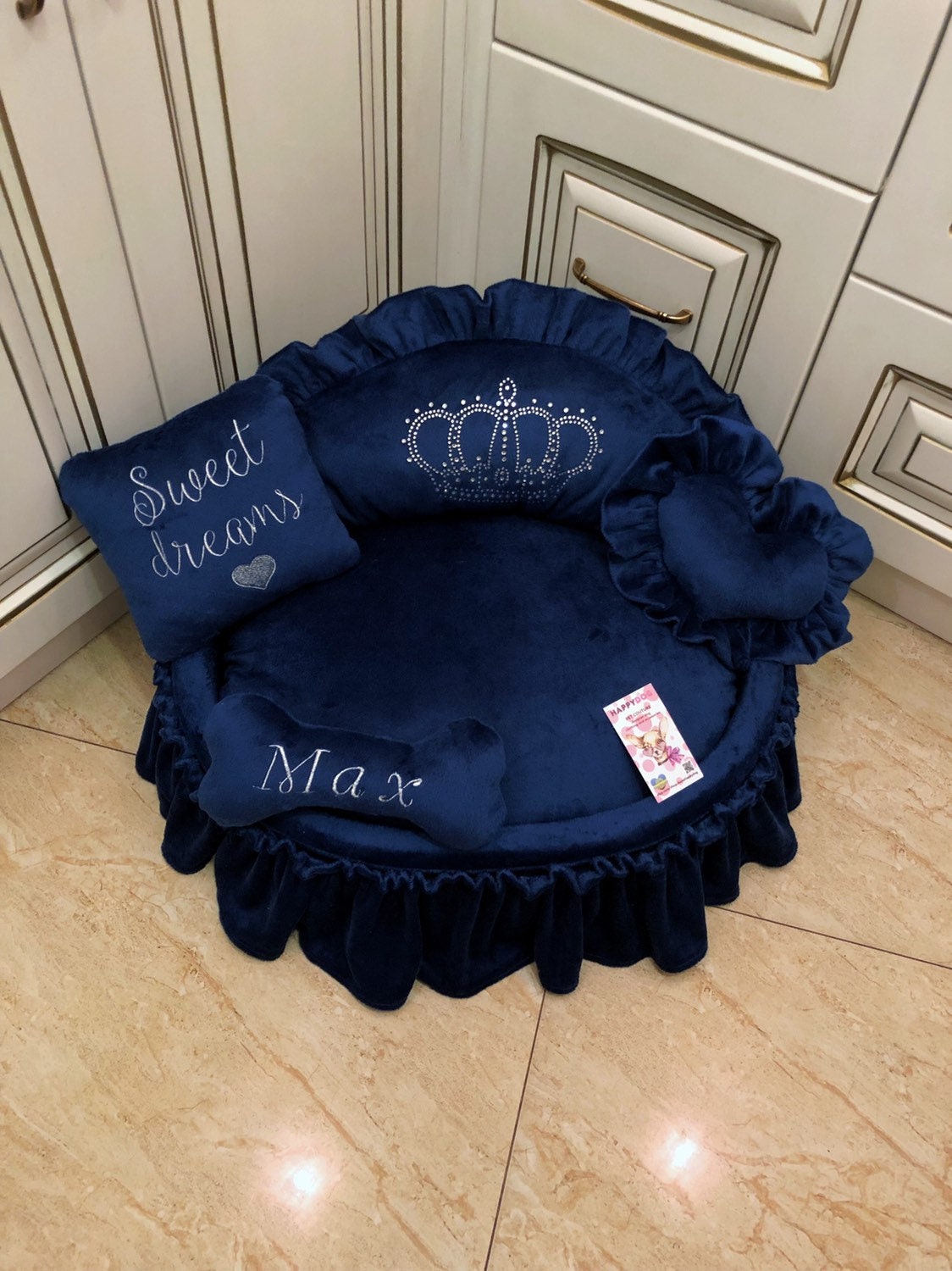 Navy blue princess dog bed with crown sparkles Cat bed Medium | Etsy