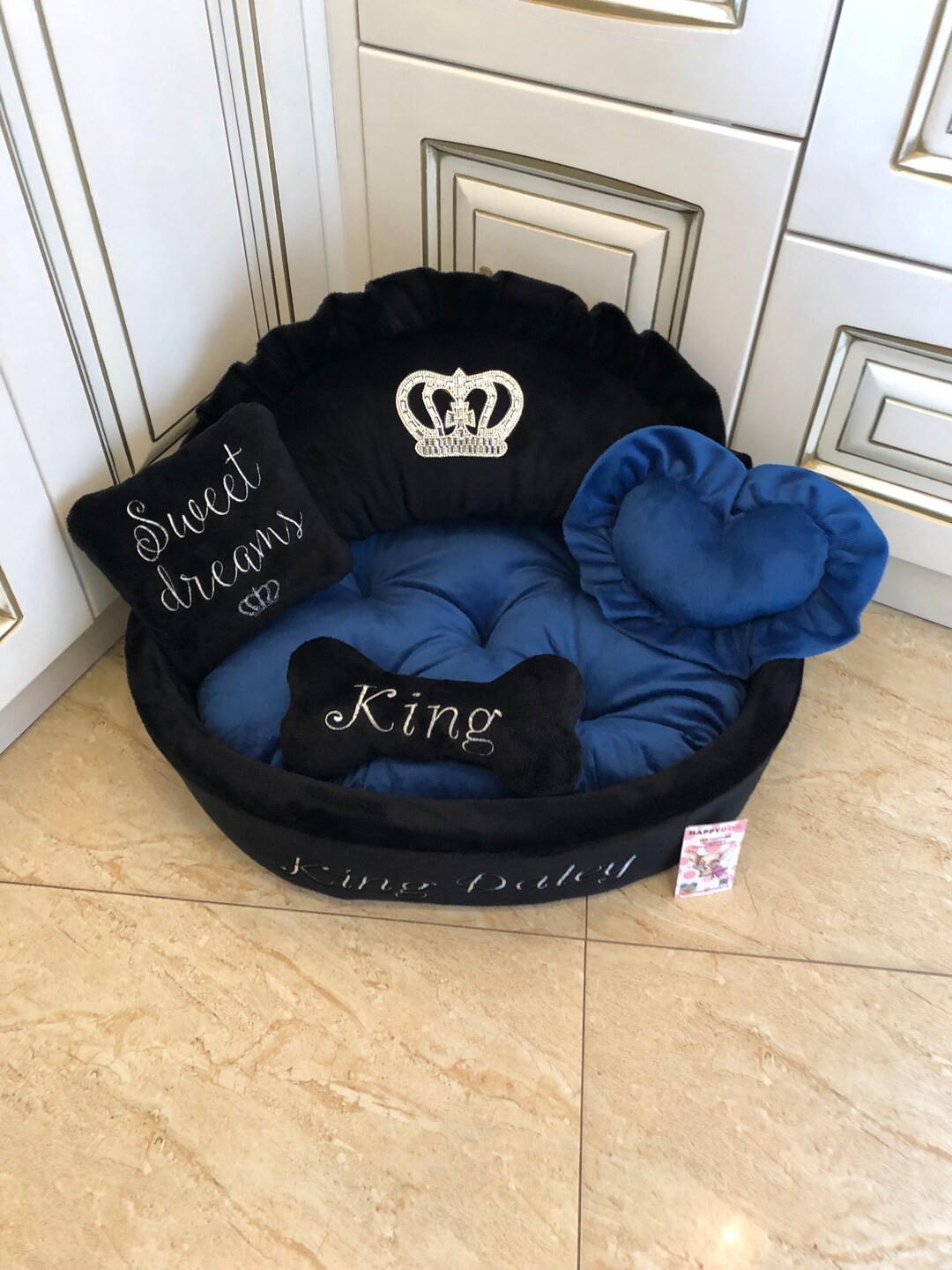 Navy Blue and Black Prince Dog Bed With Crown Sparkles - Etsy