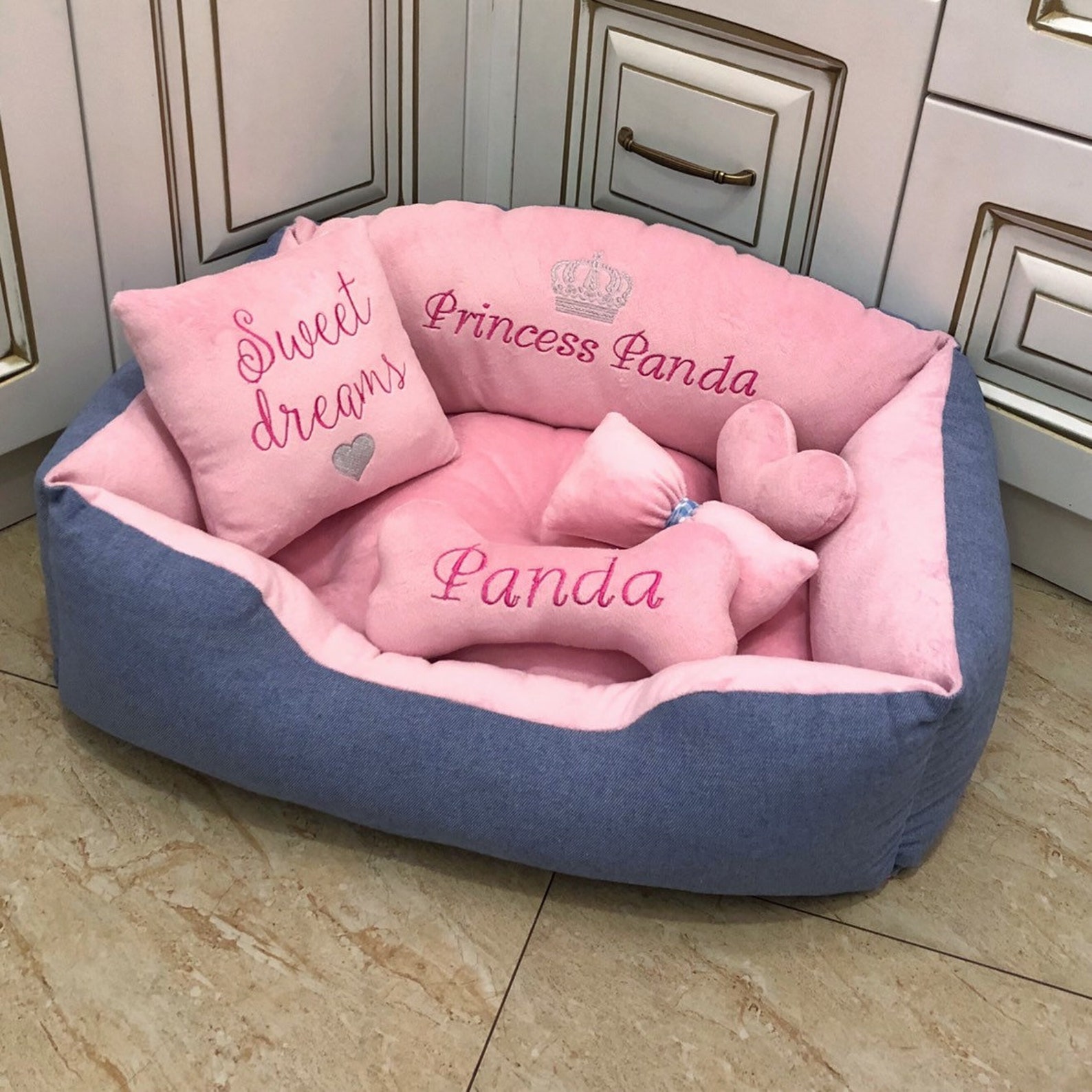 Pink & Blue Denim Dog Bed: Custom Princess Bed With Toys - Etsy