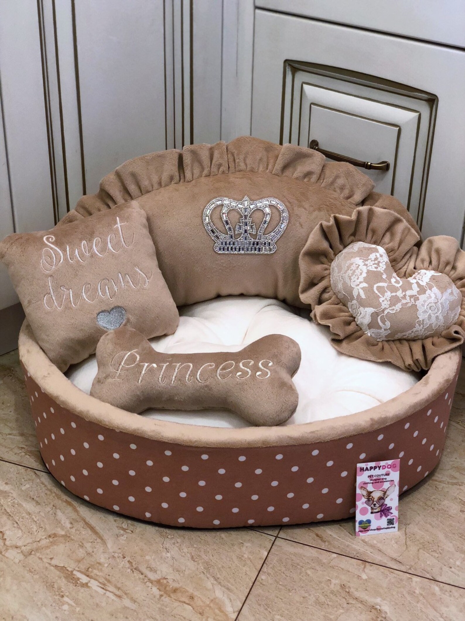 Beige Polka Dot and Cream Designer Dog Bed Personalized Dog - Etsy