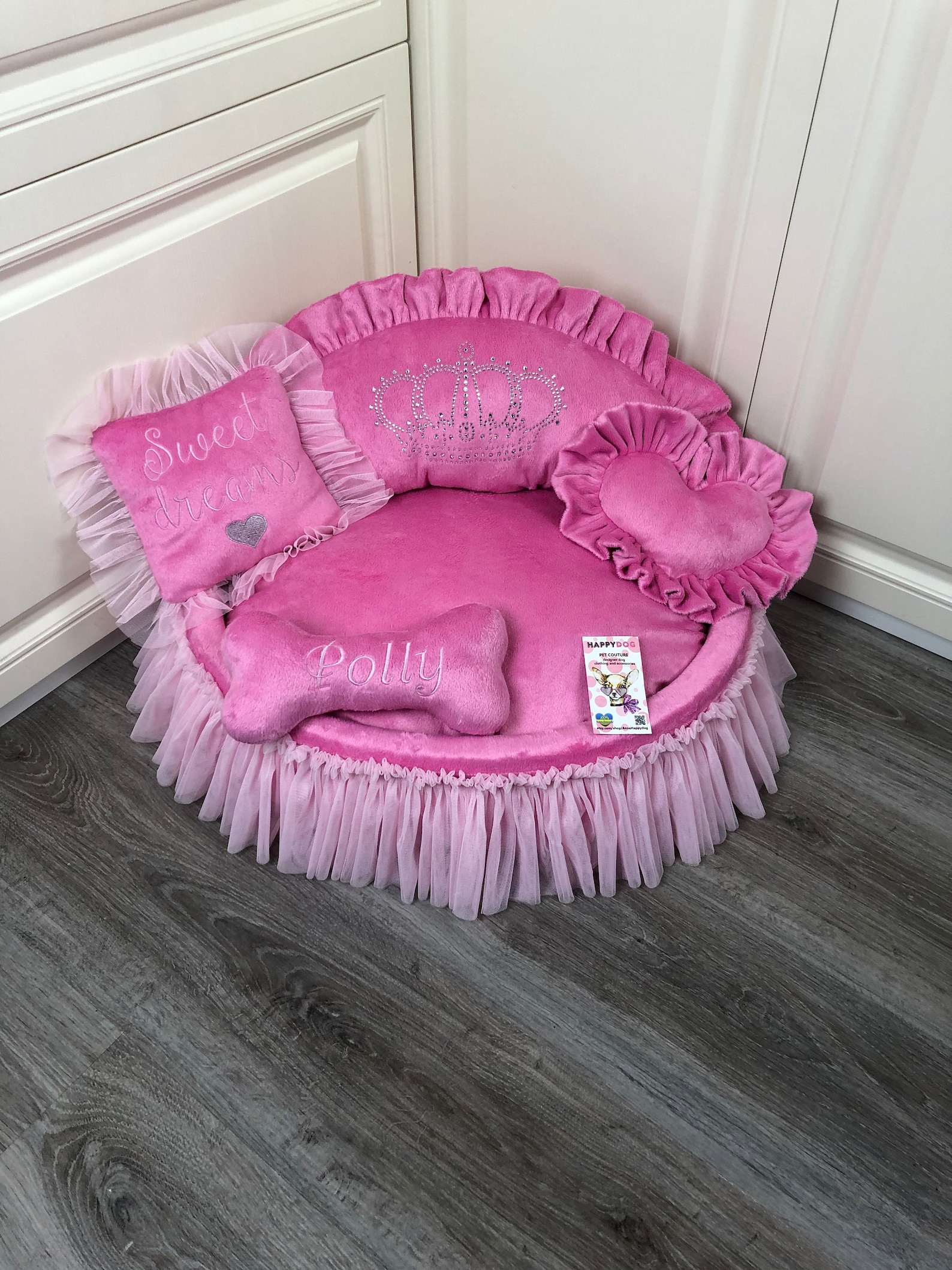 Pink Princess Dog Bed: Minky Fur, Crown Sparkles, Tulle Skirt - Etsy