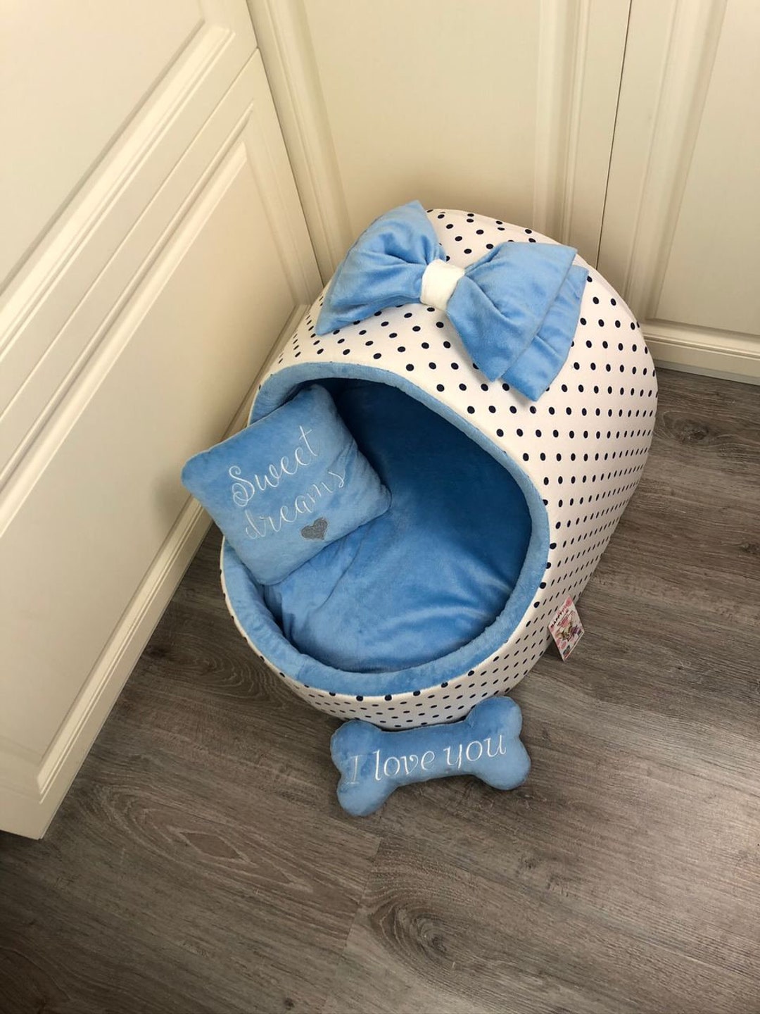 Blue and White and Blue Polka Dot Dog Cradle Customized Dog Bed Luxury ...
