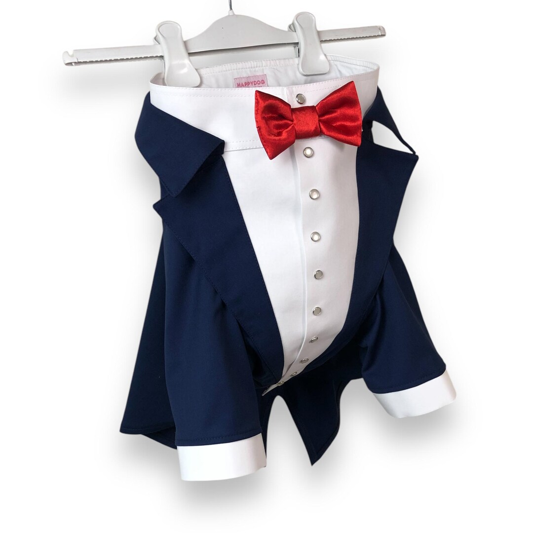 Navy Blue Dog Tuxedo With Red Bow Tie – French Bulldog Wedding Suit, Formal Dog Suit, Custom Dog ...