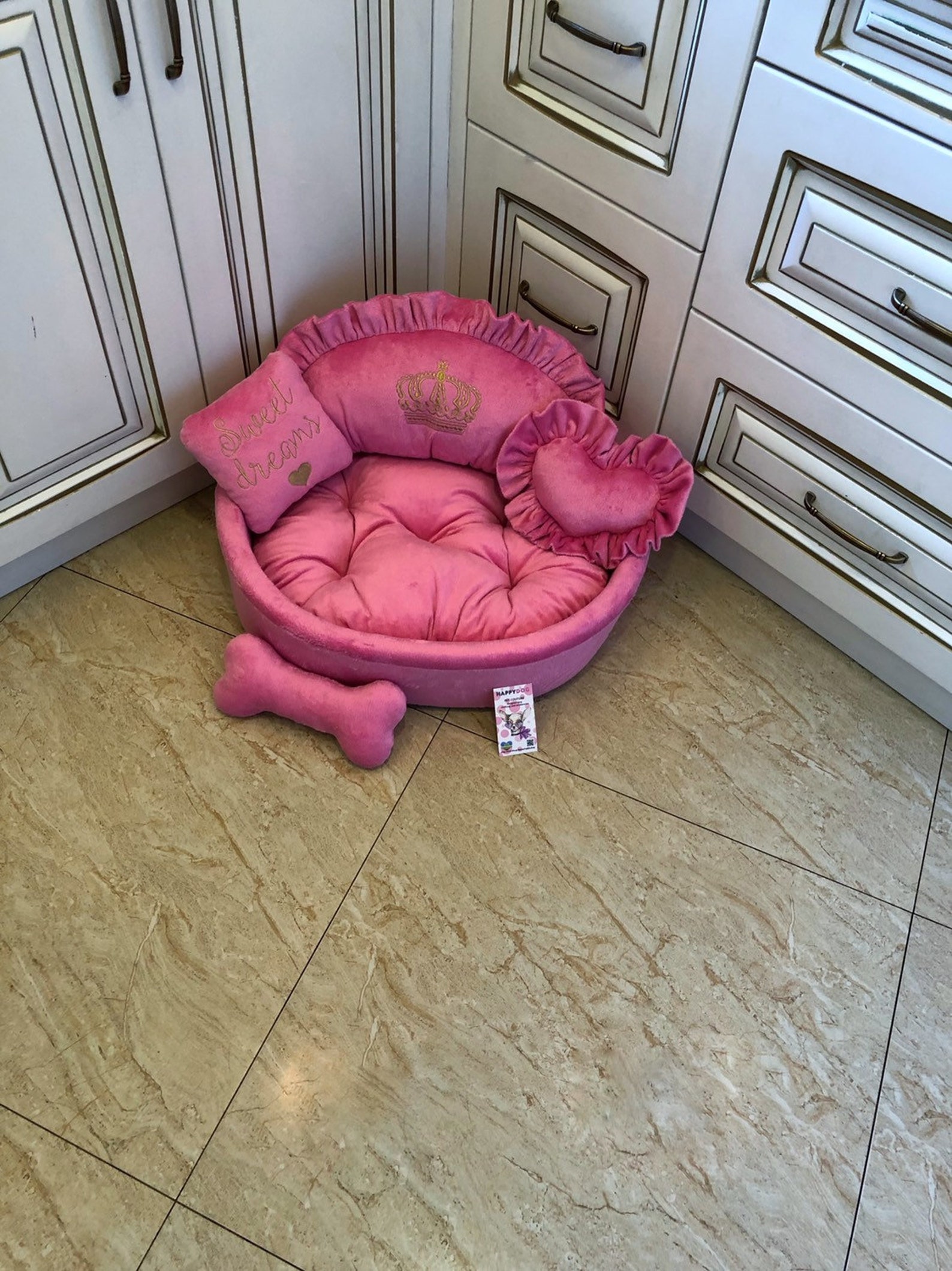 Pink Princess Dog Bed With Golden Embroidery Designer Pet Bed - Etsy