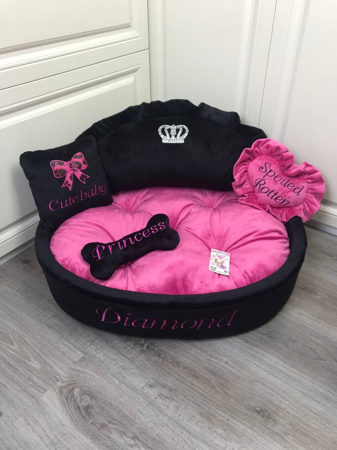 Black and Pink Princess Dog Bed With Crown Sparkles Designer - Etsy