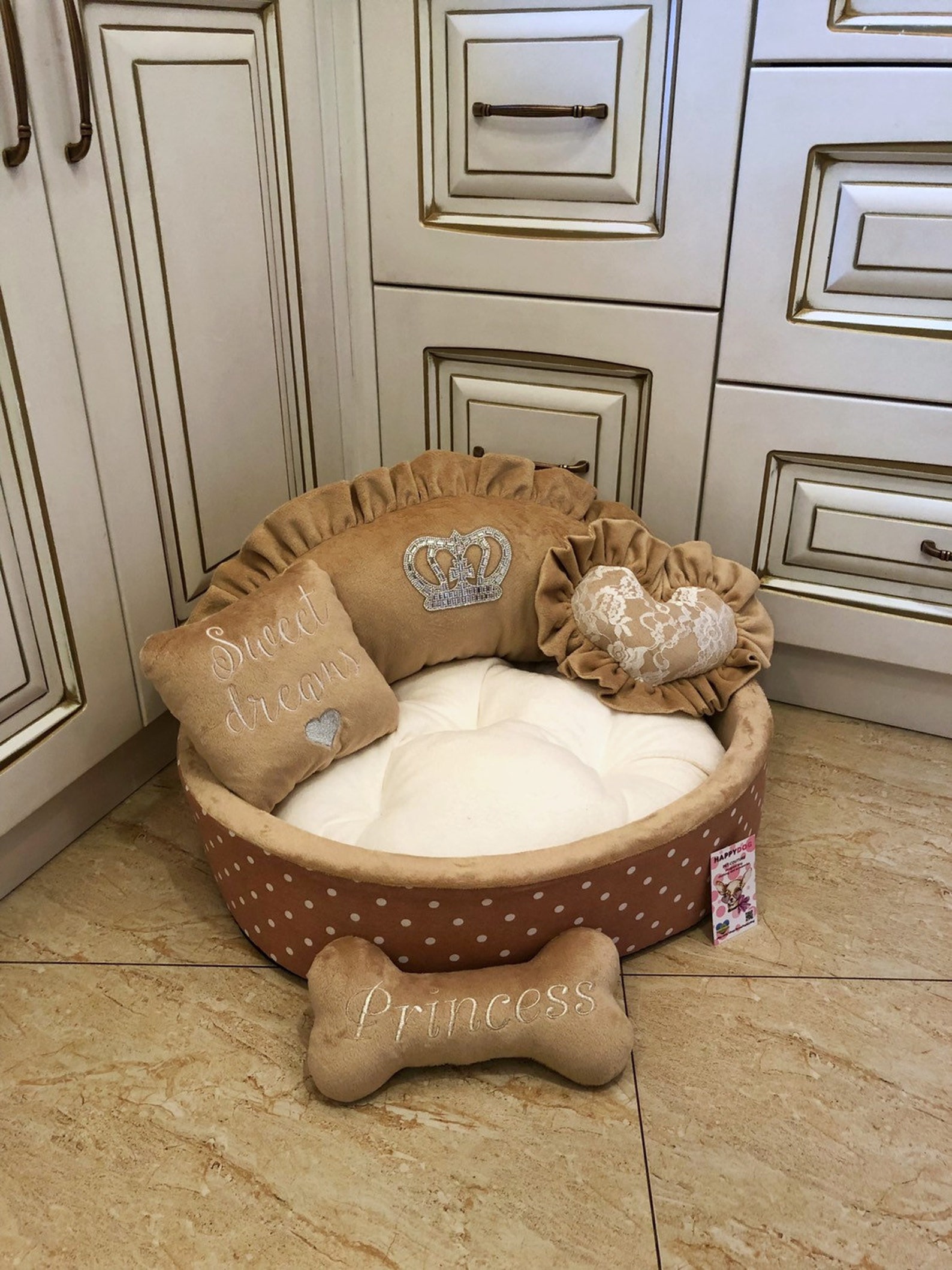 Beige Polka Dot and Cream Designer Dog Bed Personalized Dog - Etsy