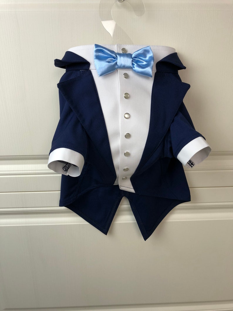 Navy blue dog tuxedo with light blue bow tie Bespoke dog tux | Etsy