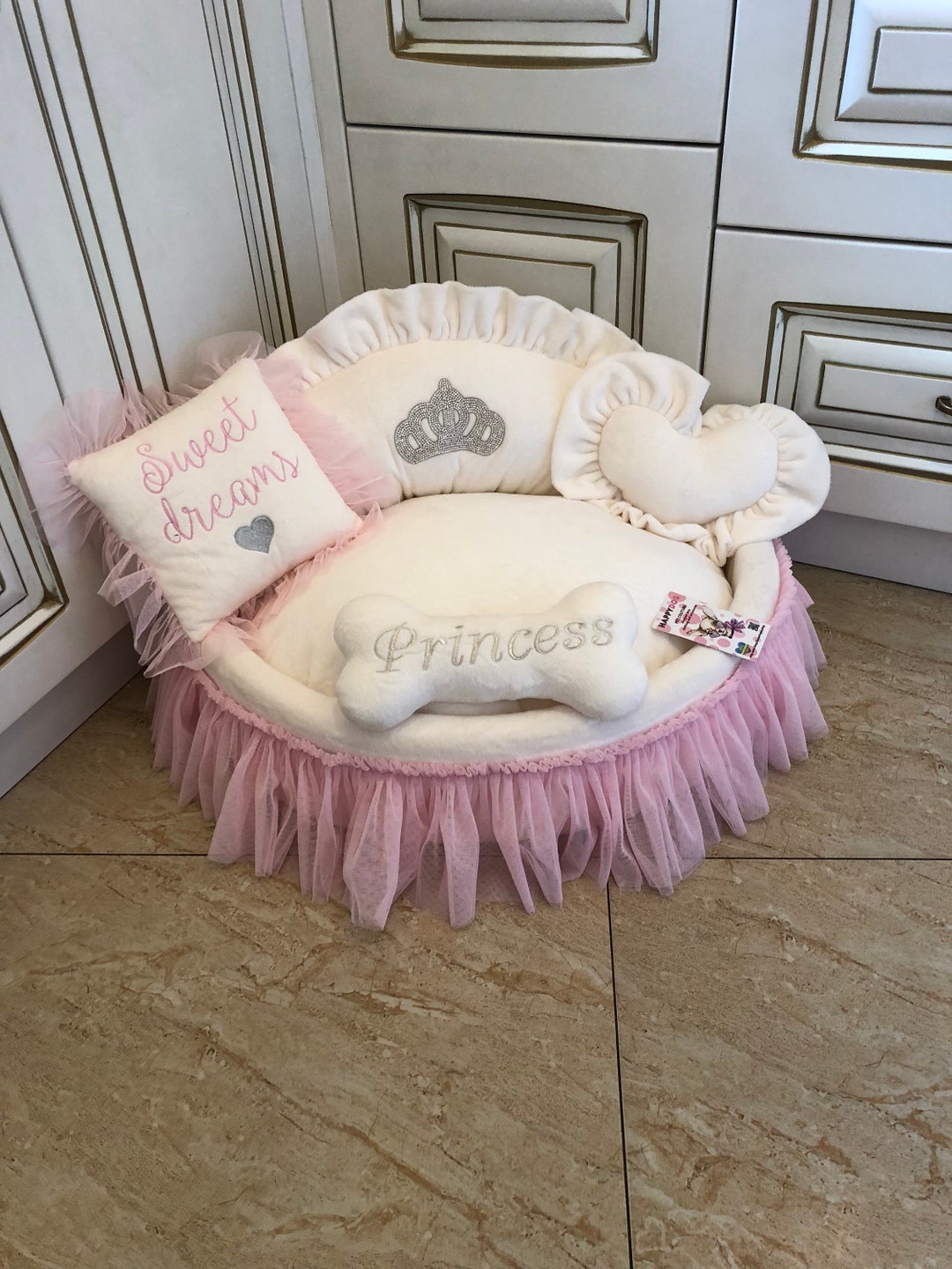 Cream and Baby Pink Princess Pet Bed With Crown Sparkles Designer Pet ...