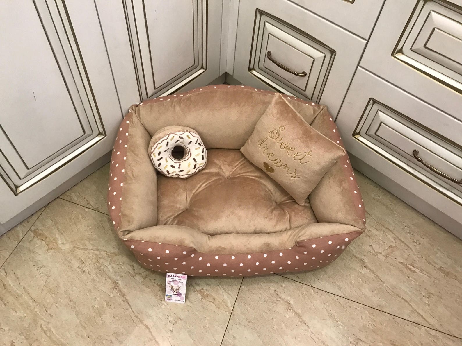 Beige Polka Dot Designer Dog Bed Personalized Dog Bed in Beige | Etsy
