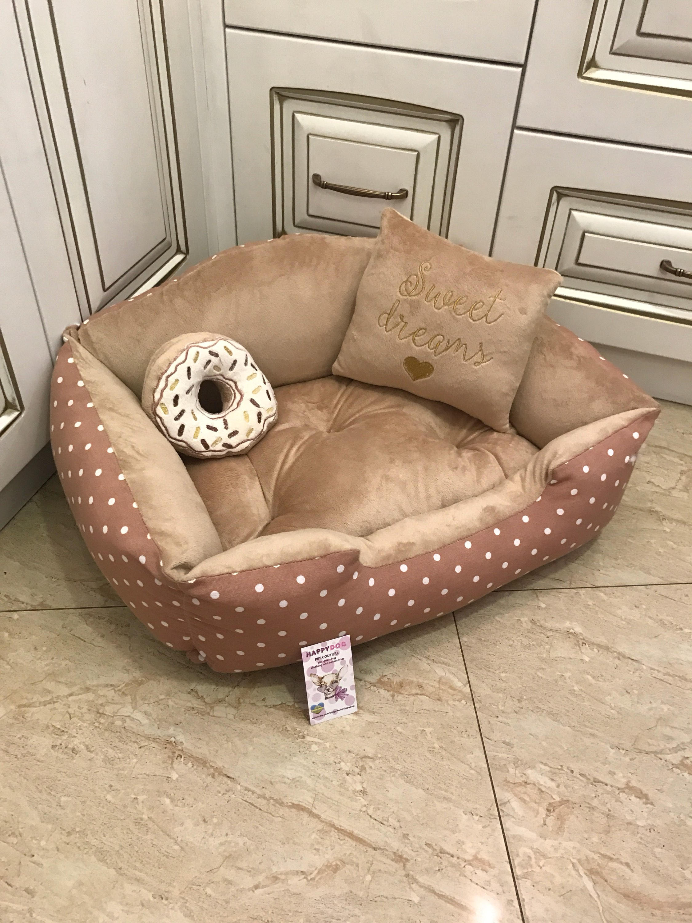 Beige Polka Dot Designer Dog Bed Personalized Dog Bed in Beige | Etsy