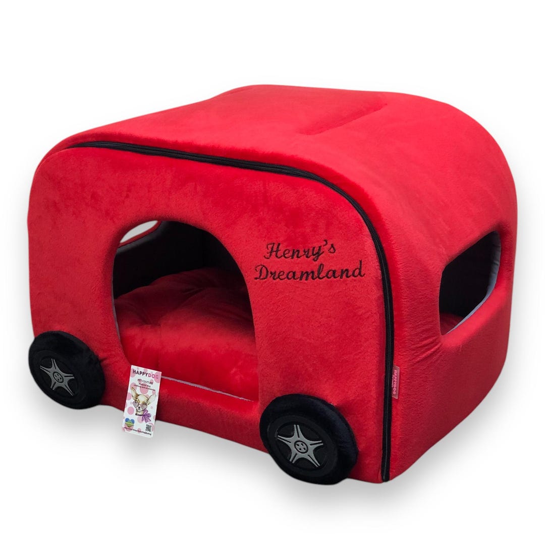 Red Luxury Dog Caravan Bed: Personalized Minky Fur Pet House - Etsy