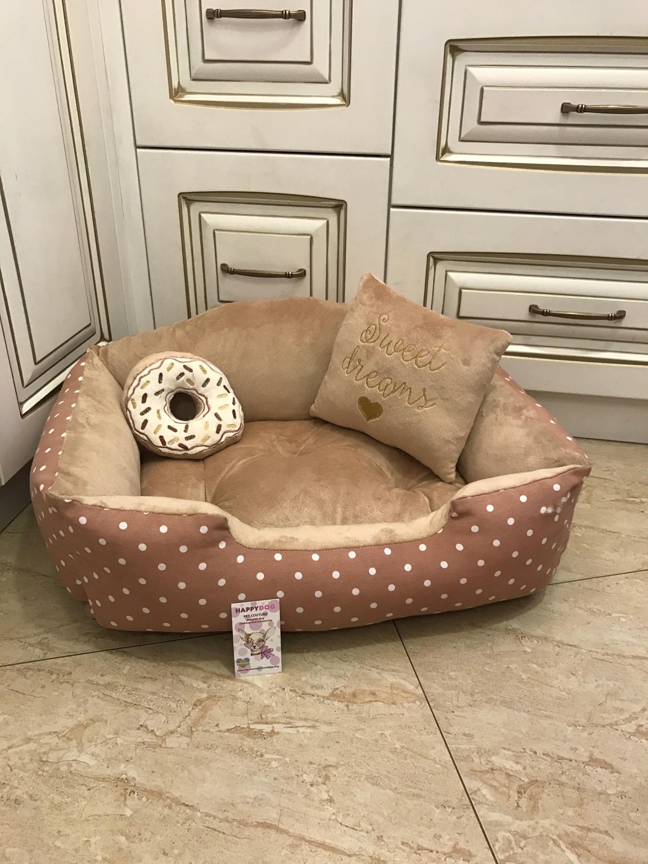 Beige Polka Dot Designer Dog Bed Personalized Dog Bed in Beige | Etsy